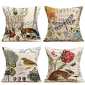 Hopyeer 4Pack Rustic Vintage Animals Throw Pillow Covers Cotton Linen Decorative Cute Rabbits Dragonflies Robin Birds Butterfly Classical Pairs Garden Flowers Pillow Cushion Cover 18"x18"(VA-Animals)