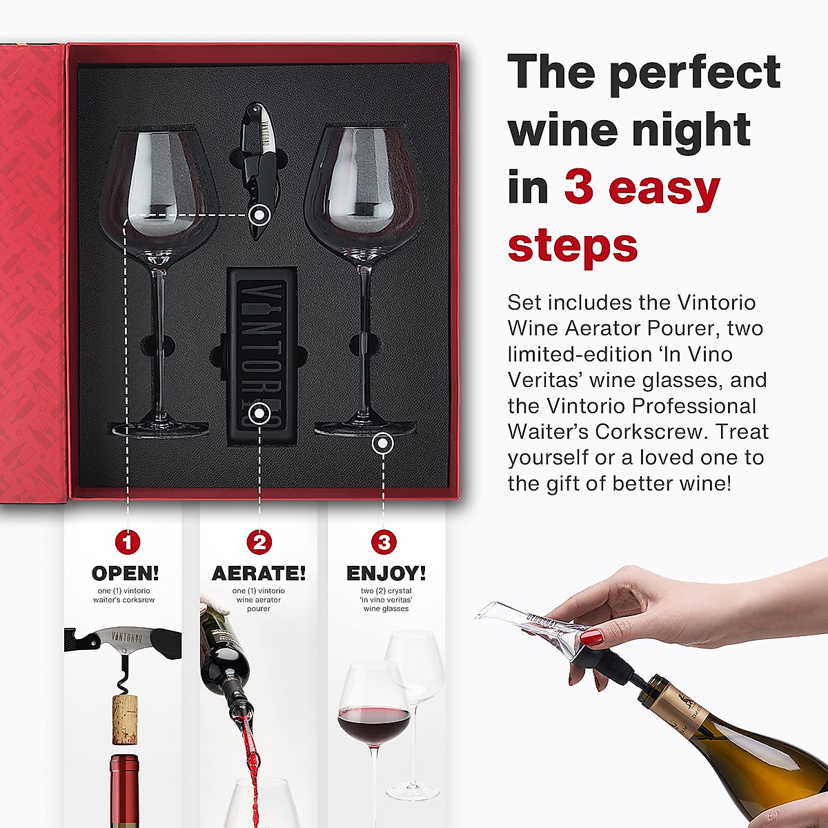 Vintorio Wine Glass, Aerator, and Corkscrew Set Essential Wine Gift Box - Open, Decant, and Enjoy