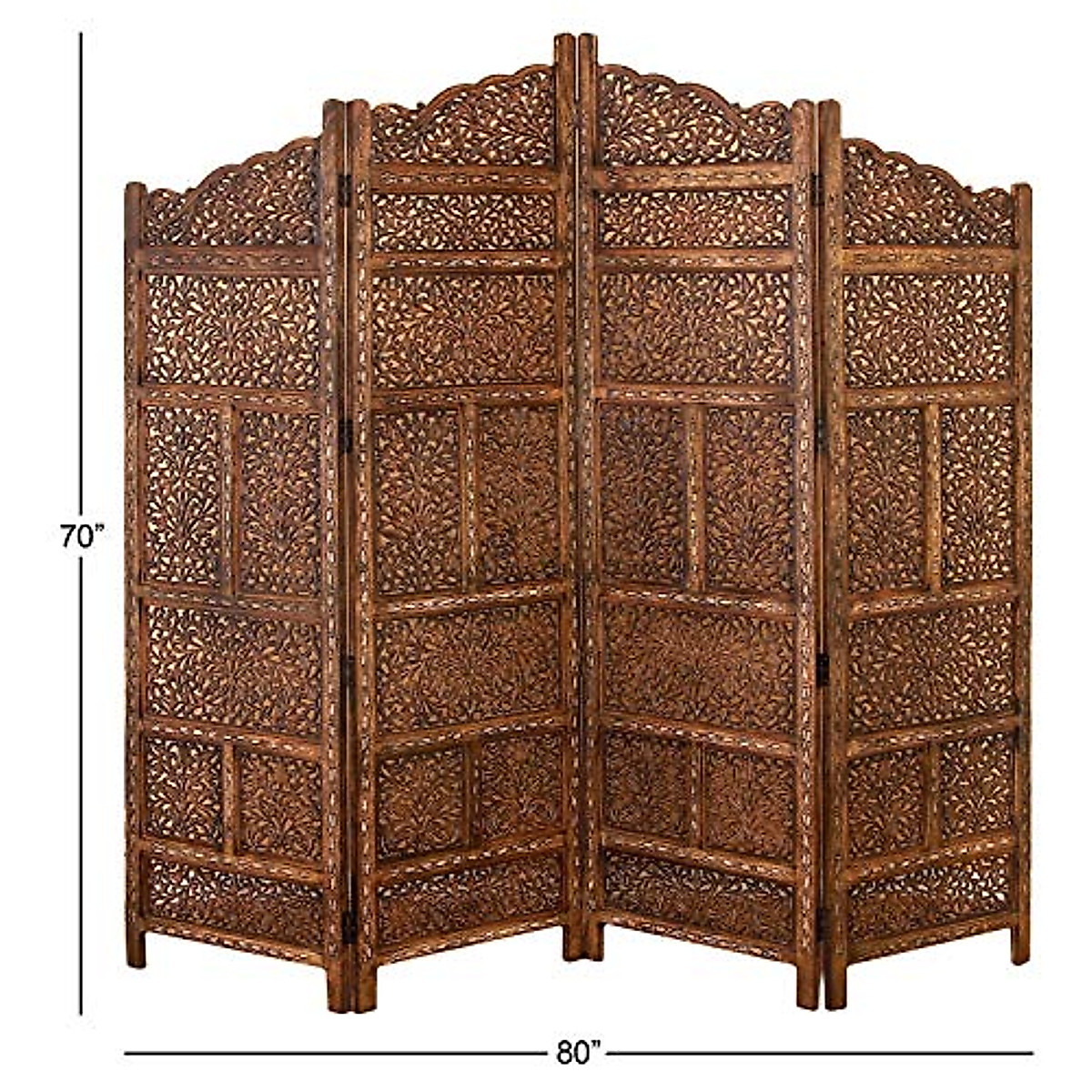 Deco 79 Wood Floral Handmade Hinged Foldable Arched Partition 4 Panel Room Divider Screen with Intricately Carved Designs, 80" x 1" x 72", Brown