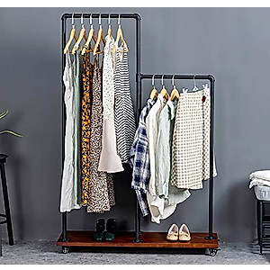 Hanging Clothes Rack with Shelves,Industrial Pipe Clothing Rack on Wheels,Heavy Duty Rolling Garment Rack - Clothes Racks for Hanging Clothes - Natural Wood Base