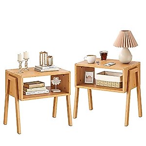 End Table Set of 2 Bamboo Stackable Bedside Table Living Room Nightstand 2-Tier Storage Shelf Wood Sofa Table for Small Space Bed Room Living Room