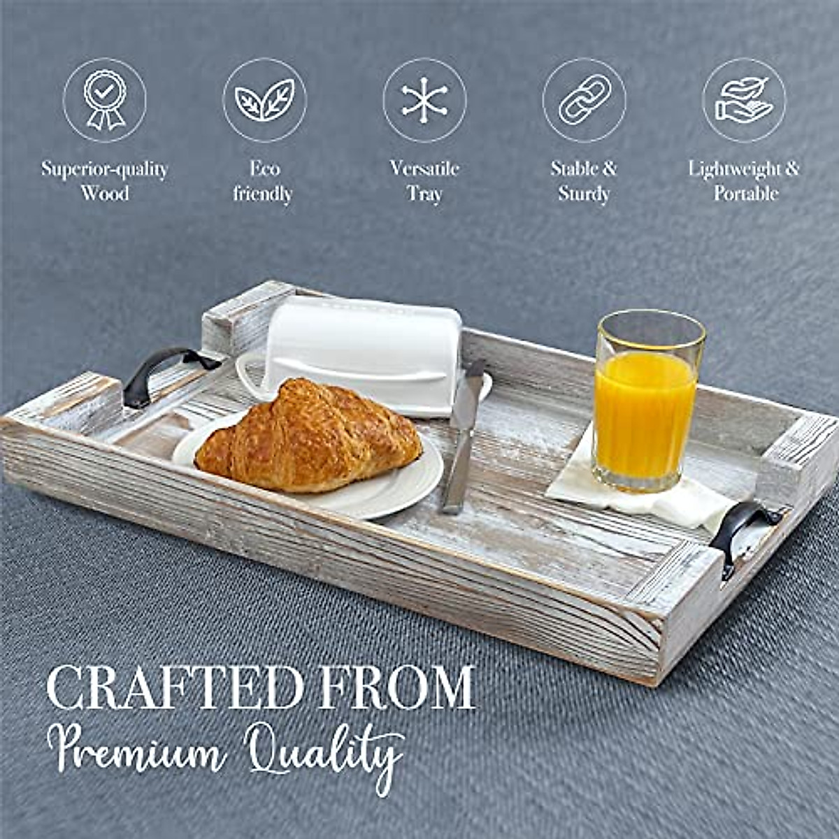 Rustic Serving Tray with Extra Long Handle, Decoration Tray, Bed Tray(set of 2)Large 20 x 14 x 2'' -Small 16 x 11 x 2'' Dinner Romantic Breakfast on Bed for your Partner, Home decor, Coffee Table Tray