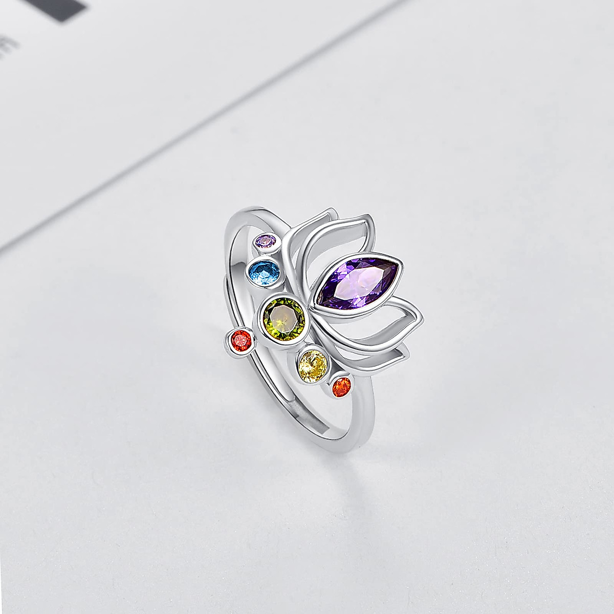 TANGPOET Chakra Rings for Women Lotus Flower Adjustable Rings S925 Sterling Silver Healing Jewelry Reiki Meditation Gifts for Her Yoga Lovers