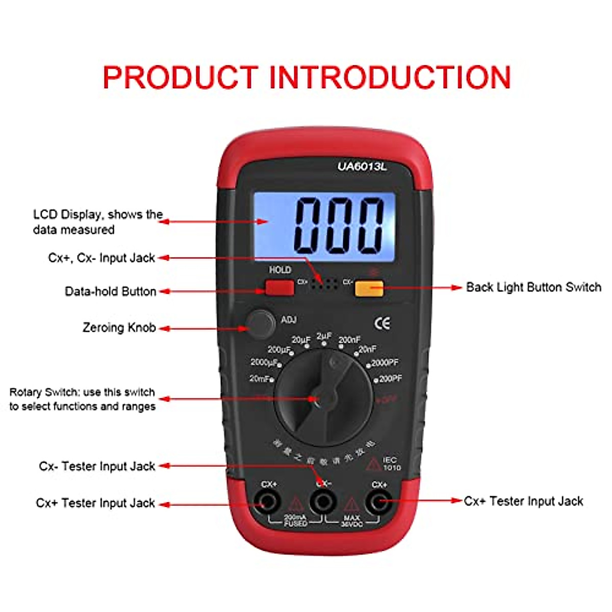 Digital Capacitance Meter, Multimeter Professional Capacitor Tester, 0.1pF-20,000uF Capacitor Tester, 9 Files Battery Powered Capacitor Meter Tester with 6013L LCD Display