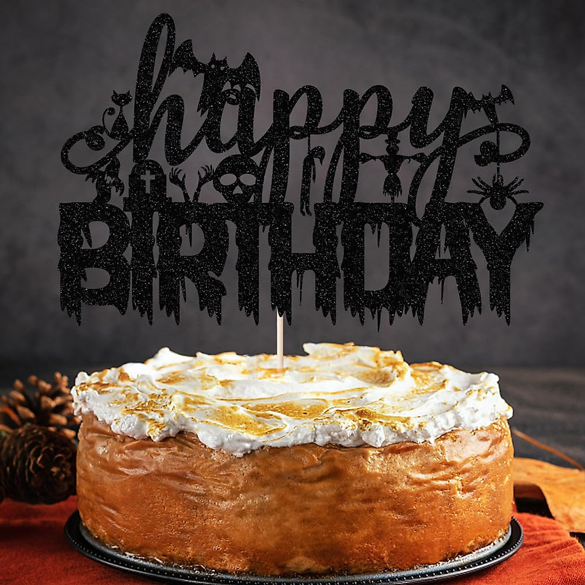 Black Glittery Halloween Happy Birthday Cake Topper Halloween Birthday Cake Picks with Bat Ghost Spider Signs Halloween Boys Girls Birthday Baby Shower Party Cake Supplies Decorations (1)