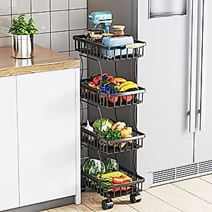 Wisdom Star 4 Tier Fruit Vegetable Basket for Kitchen, Storage Cart, Vegetable Basket Bins, Wire Storage Organizer Utility Cart with Wheels, Medium, Black