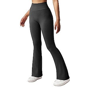 SUUKSESS Women Ribbed Seamless Tummy Control Flare Leggings Bootcut High Waist Workout Yoga Pants 29'' (Black,M)