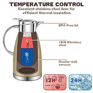 61oz Coffee Carafe Airpot Insulated Coffee Thermos Urn Stainless Steel Vacuum Thermal Pot Flask Dispenser for Coffee, Hot Water, Tea, Hot Beverage - Keep 12 Hours Hot, 24 Hours Cold (Gold) …