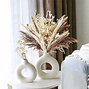 White Ceramic Vase, Modern Vase for Minimalist Decor, Hollow Round Matte Pampas Flower Vases for Boho Home Wedding Party Room Dinner Table Shelf Decor (2pcs)