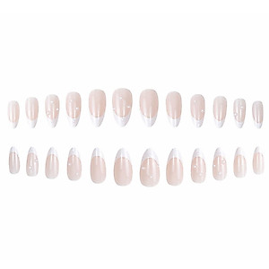 Foccna French Press on Nails Medium, Pearl White Fake Nails Almond Acrylic False Nails, Artificial Nails for Women and Girls 24 pcs