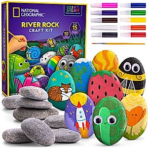 NATIONAL GEOGRAPHIC Rock Painting Kit - Arts and Crafts Kit for Kids, Paint & Decorate 15 River Rocks with 10 Paint Colors & More Art Supplies, Outdoor Toys for Girls and Boys (Amazon Exclusive)