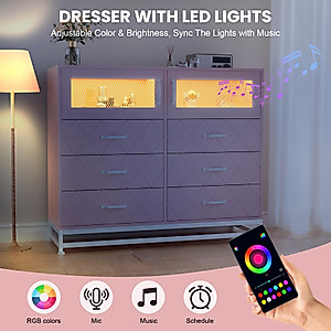 GarveeHome 6 Drawer Dresser with 2 Doors, Dresser for Bedroom with LED Lights and Charging Station, Wood Dresser Modern Chest of Drawers for Bedroom, Entryway, Hallway, Pink