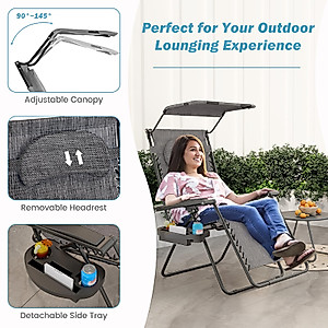 Goplus Zero Gravity Chairs, X-Large Folding Lounge Lawn Chair w/Canopy Shade & Cup Holder, Adjustable Folding Patio Recliner for Pool Porch Deck Oversize (Grey)