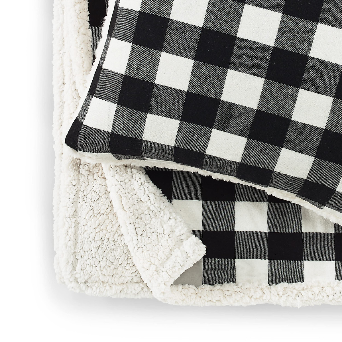 Eddie Bauer Throw Blanket with Pillow Reversible Flannel/Sherpa Bedding, Buffalo Plaid Home Decor for All Seasons, 2 Piece Set, Black/White Check