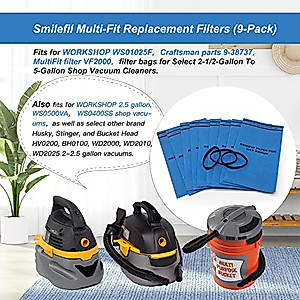 Smilefil 9 Pack Wet Dry Vacuum Bags Compatible with WORKSHOP WS01025F, Craftsman 9-38737, MultiFit VF2000, Select 2-1/2 to 5-Gallon Shop Vacuum Cleaners (9 Vacuum Bags with 3 Retaining Bands)