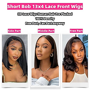 12 Inch Bob Wig Human Hair 13x4 Lace Front Wigs Human Hair Wigs for Black Women Short Bob Wigs 180% Density HD frontal Wigs Glueless Wigs Human Hair Pre Plucked with Baby Hair Natural Color