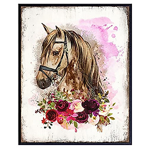 Boho Horse Wall Art & Decor - Rustic Farmhouse Barn Wall Decor for Girls Bedroom, Office, Living Room - Country Western Shabby Chic Decorations - Gift for Equestrian Women - Pink Pony Poster