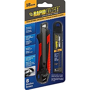 Rapid Tools 18mm Snap-Off Utility Knife with 8 Blade Edge Serrated Razor Knife Blades and Acetone-Resistant Soft Grip Handle (1 Pack)