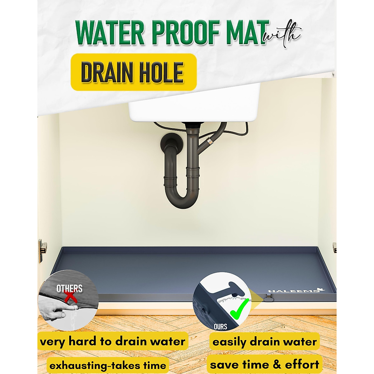 HALEEMS Under Sink Mat with Unique Drain Hole Design - Silicone 34'' X 22'' Under Sink Mats for Bottom of Kitchen Sink - Kitchen Cabinet Mats Hold up to 3 Gallons Liquid, Protector Tray, Easy to Clean