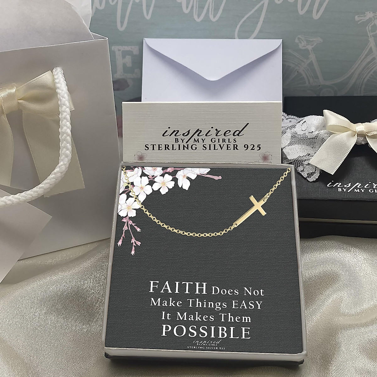 Inspired By My Girls 14K Gold Over Sterling Silver Sideways Cross Necklace with Adjustable Rolo Chain and Faith Keepsake Card Gift For Women
