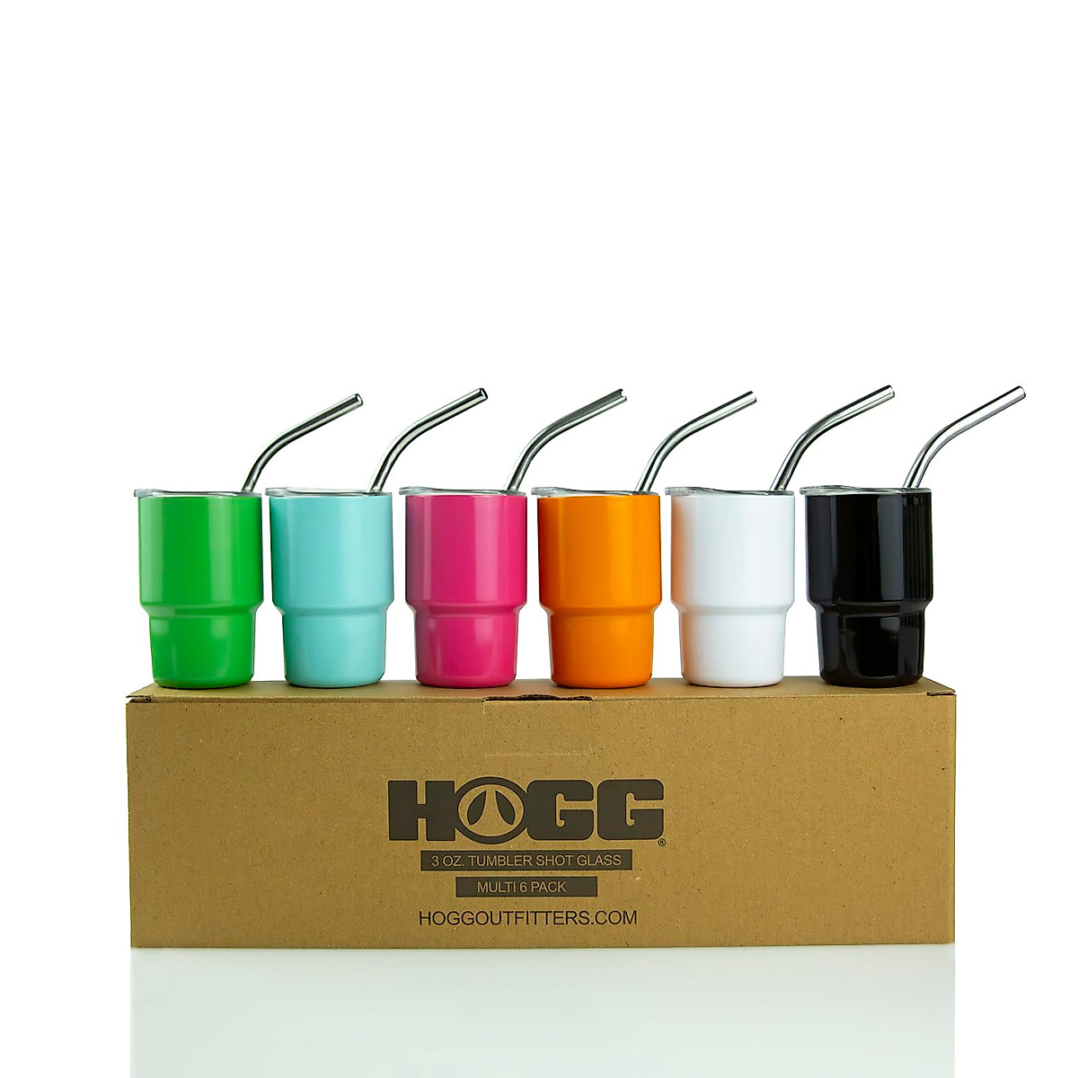 Hogg 3oz Tumbler Shot Glasses in Multiple Colors with lid and stainless straw (6 Pack), DIY, Customizable, Reusable, Single Wall Insulated, Stainless Steel
