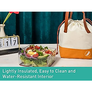 PrepdeckGO Lunch Bag - Stylish, Compact Adult Lunch Tote - Roomy & Lightly Insulated Interior - Drawstring Bag Closure & Vegan Leather Handles - Easy to Clean - Perfect for Work, Picnic, or Travel