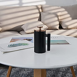 Meelio Black French Press Coffee Maker 12oz, Stainless Steel Double Wall Insulated Coffee Press with Rose Gold Metal Lid, Included 2 Extra Screens and 1 Coffee Spoon, 350ml