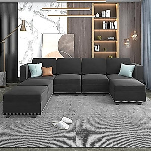 Mjkone Modular Sectional Sofa with Adjustable Armrest and Backrest for Living Room，U Shaped Couch 7 Seater Convertible Sectional Couch with Storage Ottoman -Dark Grey