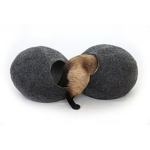 Kivikis Cat Bed, House, Cave, Nap Cocoon, Igloo, 100% Handmade from Sheep Wool (XL 17-26 pounds cat, Dark Gray)