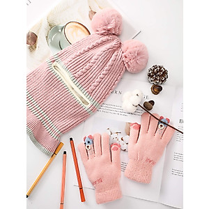 SATINIOR Kid Girls Winter Hat Gloves Set Pink Fleece Lined Warm Ski Mask Earflap Hood Skull Caps Cable Knit Gloves for Cold Weather