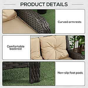 Outsunny 3-Seater Outdoor Sofa with 4" Thick Padded Cushions, PE Rattan Patio Outdoor Couch with Curved Armrests for Sunroom, Garden, Poolside, Beige