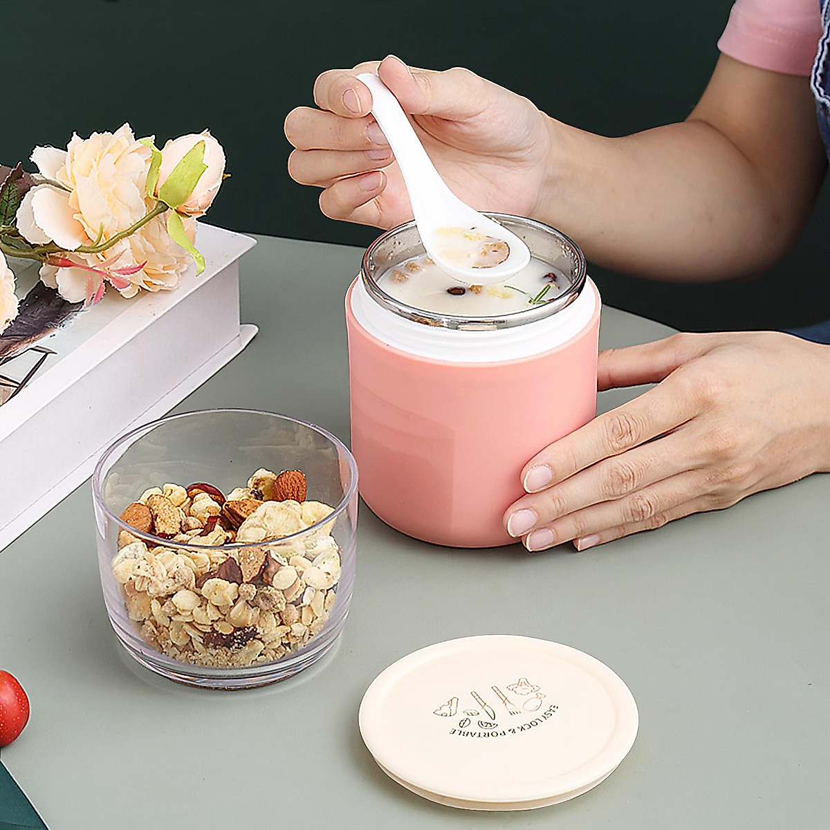 10 oz+13.8 oz Snack Cup, Reusable Overnight Oats Container with Leak-Proof Design, Toppings Compartment, and Dual-Sealing Lid, Portable & Lightweight for Work, Travel, Gym - Dishwasher Safe (Pink)