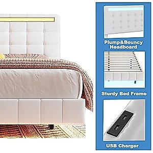 Goujxcy Queen Size Floating Bed Frame with LED Lights and USB Charging, Modern Upholstered Platform LED Bed Frame with Button Tufted Headboard (White 1+PU)
