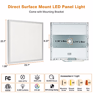 Mcacggo 2x2 LED Flat Panel Light Surface Mount, 40W-30W-20W & 3000K-4000K-5000K Selectable, 0-10V Dimmable, 24 Inch Square Flush Mount Ceiling Fixture for Kitchen, Shop, 100-277V, ETL, 2 Pack