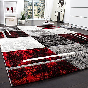 Paco Home Designer Rug Modern with Contour Cut Chequered in Silver Black Red, Size: 5'3" x 7'7"