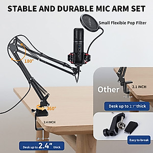 Gaming USB Microphone for PC, Noise Cancellation Condenser Mic with Boom Arm, Mute, Gain, Echo, Monitoring, Sound Optimization, Podcast Mic for Streaming, PS4/5, Twitch, YouTube, TikTOK (Black)