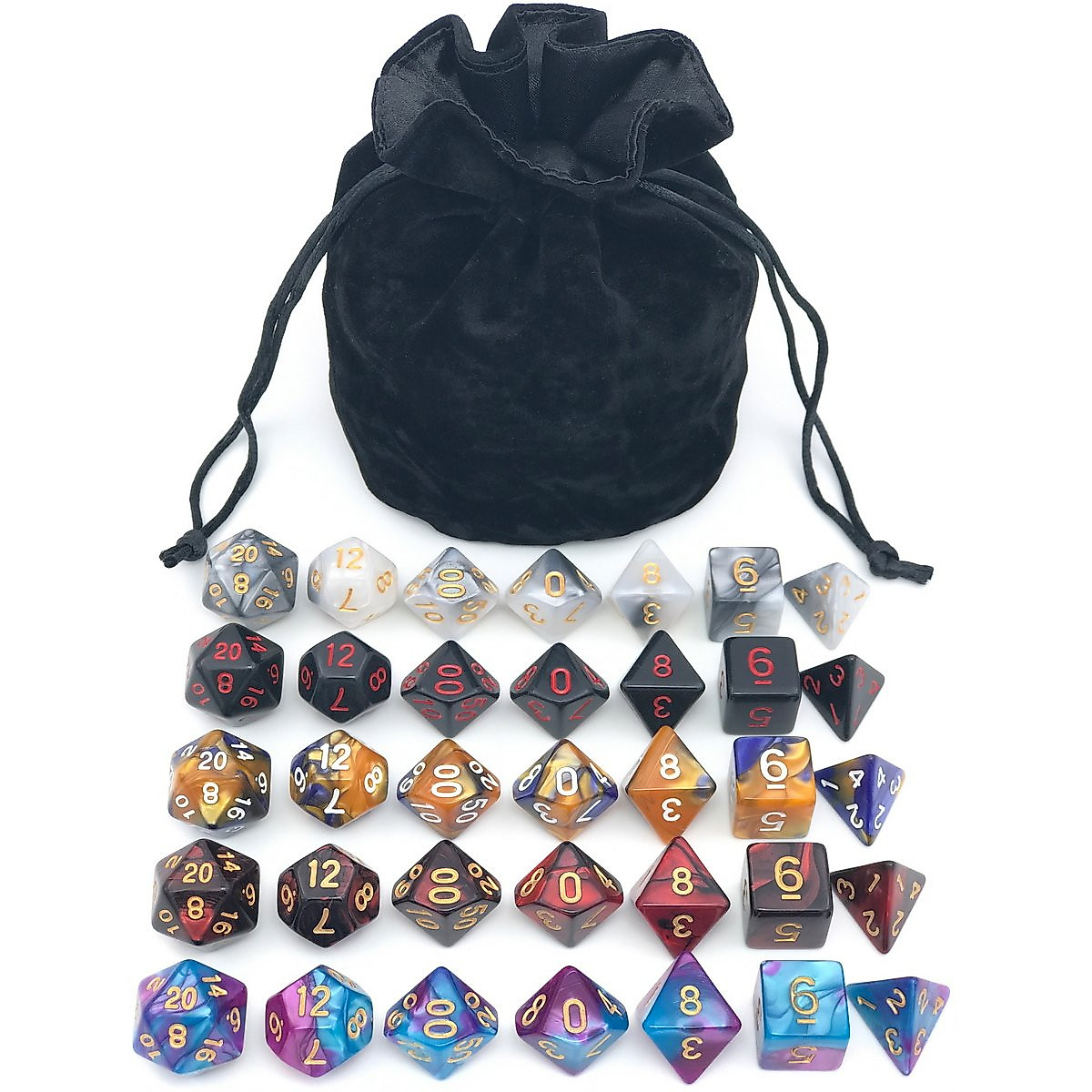 Assorted Polyhedral Dice Set with Black Drawstring Bag, 5 Complete Dice Sets of D4 D6 D8 D10 D% D12 D20 Great for Dungeons and Dragons DND RPG MTG Games