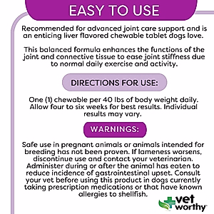 Vet Worthy Joint Support Level 3 - Chewable Tablet to Support Bone Health and Healthy Joints - Dog Supplement with Glucosamine, MSM, Hyaluronic Acid, Advanced Joint Care - Liver Flavor, 90-Count
