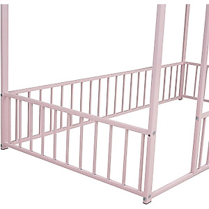 INDSUMOT Twin Size Montessori Floor Bed, Metal House Bed Frame with Fence Rails, Kids Playhouse Beds for Girls Boys Teens, Pink