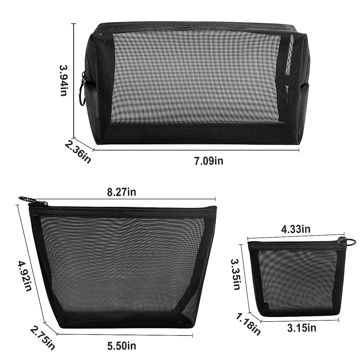 Aosbos 3 Pieces Mesh Makeup Bag Mesh Cosmetic Bag Purse Pouch Zipper Mesh Travel Bag Travel Purse Organizer Portable Pouch Bag Mesh Toiletry Bag for Home Office Travel Accessories, Black