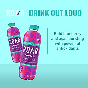 Roar Organic Electrolyte Infusions - USDA Organic - Blueberry Acai - with Antioxidants, B Vitamins, Low-Calorie, Low-Sugar, Low-Carb, Coconut Water Infused Beverage 18 Fl Oz (Pack of 12)
