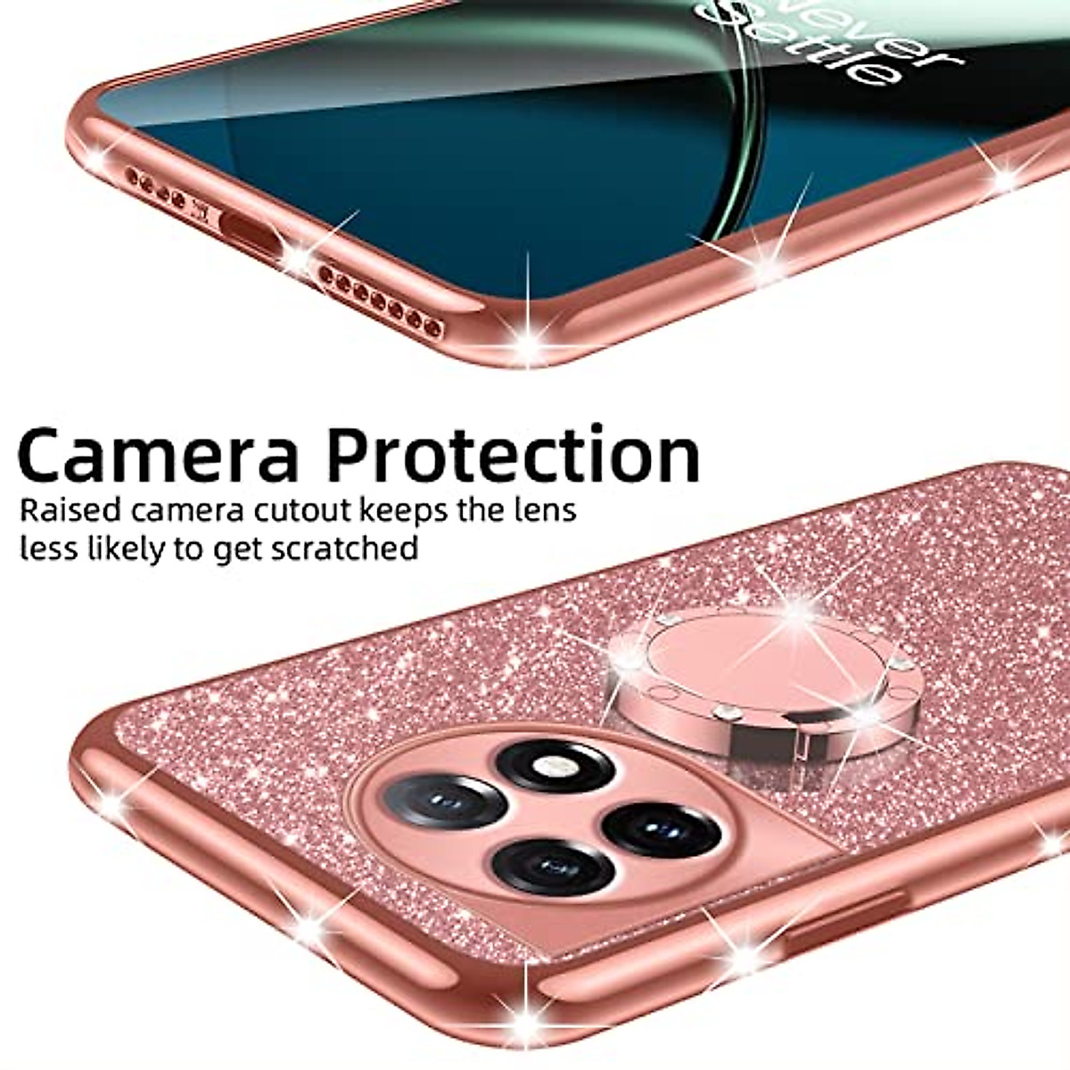 nancheng for Oneplus 11 Case (2023), Phone Case for Oneplus 11 5G Women Glitter Cute Luxury Soft Silicone Clear Case with Ring Stand Strap Lanyard Shockproof Protection Cover - Rose Gold