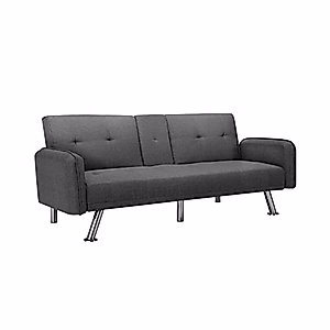 OYN Modern Futon Sofa Loveseat Convertible Sleeper Couch Bed Futonbed for Living Room Apartment Small Space Furniture Sets with 2 Cup Holders,Metal Legs, Removable Soft Square Armrest,Dark Gray