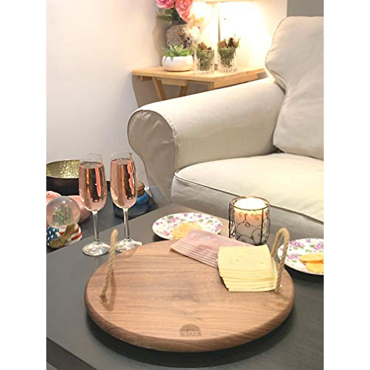 WALUX Organic Black Walnut Wood Cheese Board with Handle (14"), Charcuterie Platter & Serving Tray for Wine, Crackers, Brie and Meat. Rustic Black Walnut Serving Board, Round Cheese Board