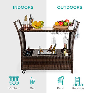 Best Choice Products Outdoor Rolling Wicker Bar Cart w/Removable Ice Bucket, Glass Countertop, Wine Glass Holders, Storage Compartments - Brown