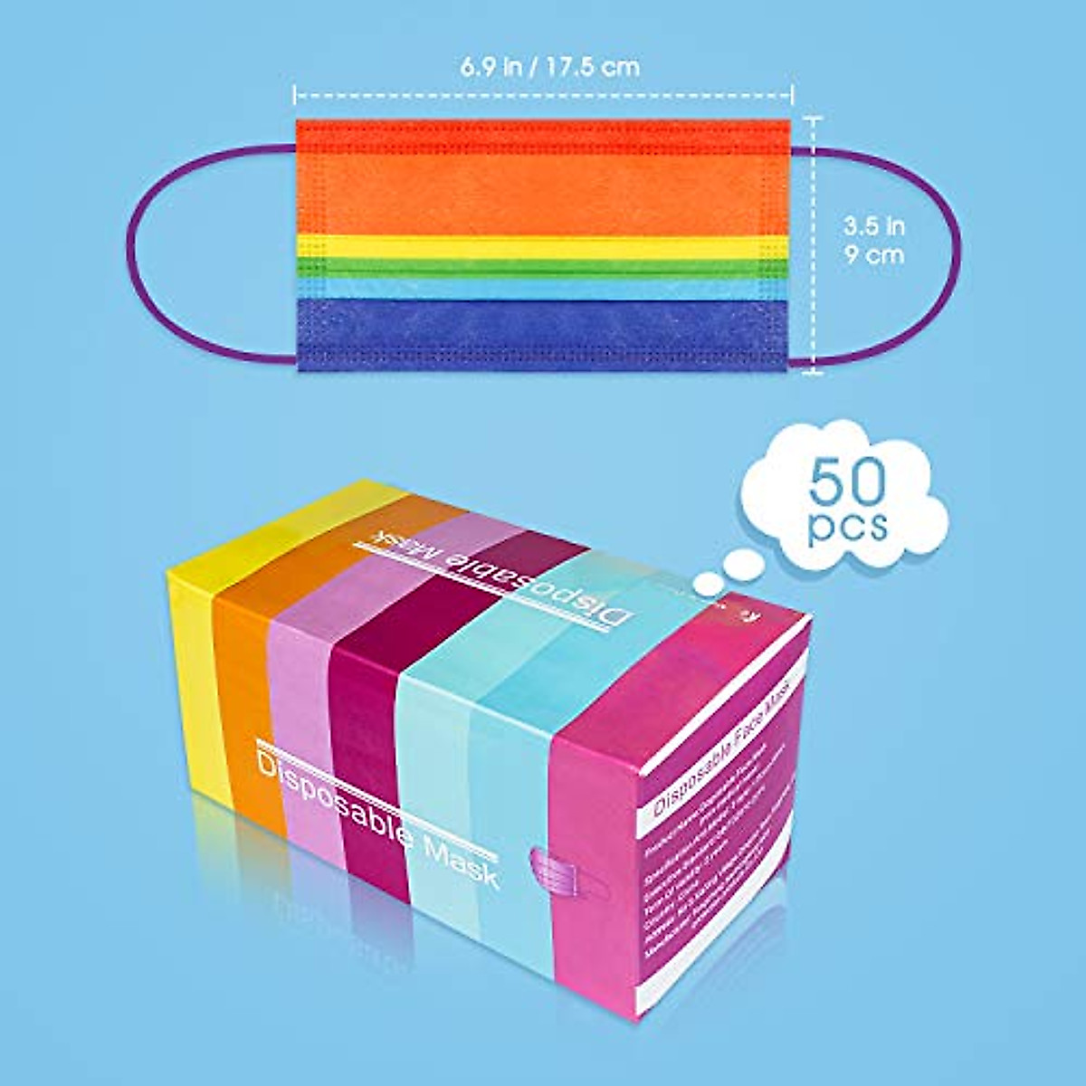 50PCS Disposable Face Mask Rainbow Colors 3-Layer Individually Wrapped Soft Elastic Earloop Nonwoven Fabrics (Random Rainbow Patterns & Colors)