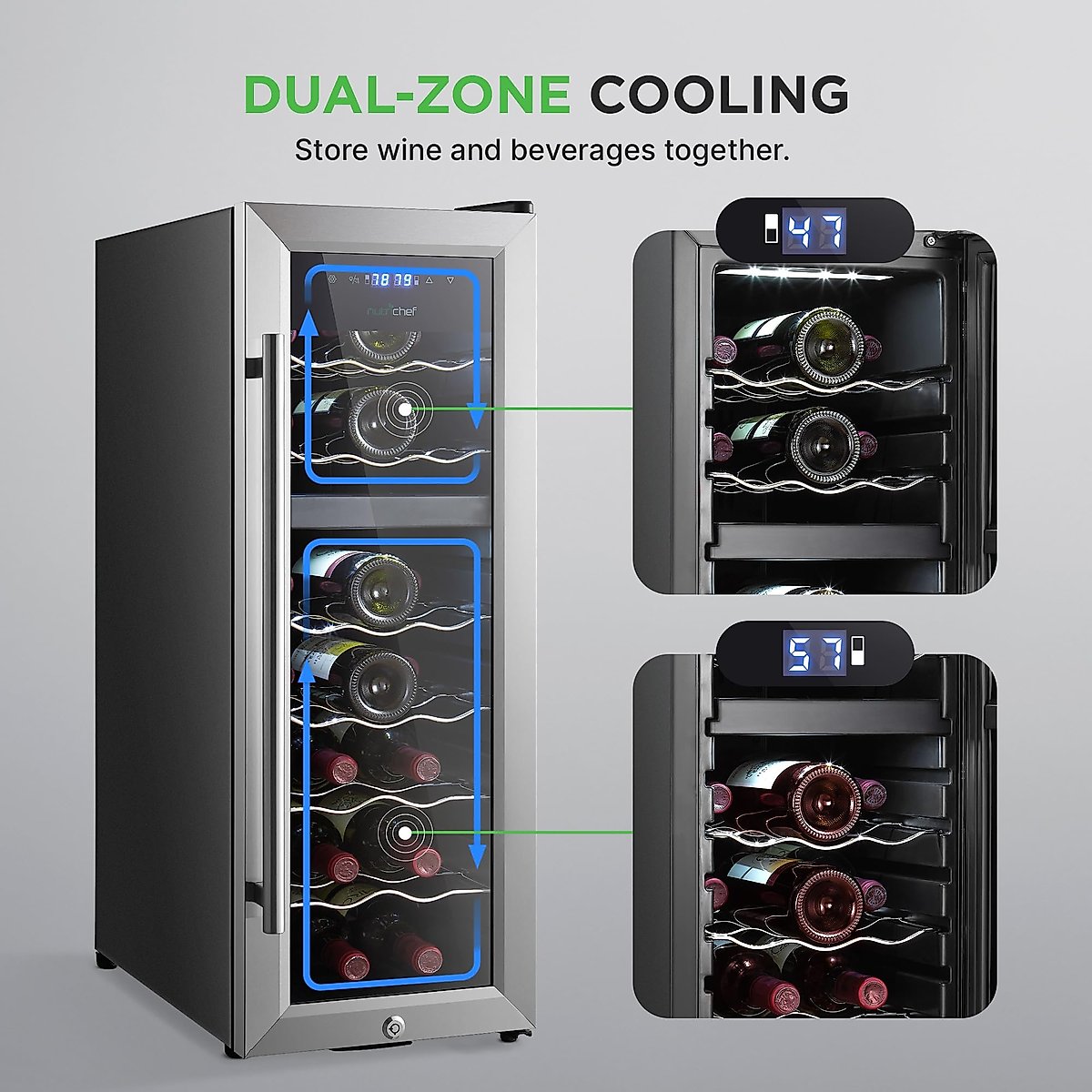 NutriChef PKCWCDS184 Wine Refrigerator Cellar, 18 Storage and 58.2 Liters Internal Capacity, Single Zone Chiller with Digital Touch Button Control, Placement for Standing Bottles and Air Tight Seal