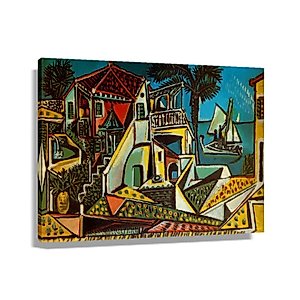 Picasso Famous Mediterranean Landscape Poster Canvas Wall Art for Living Room Decor Pictures Aesthetic Pictures for Kitchen Print Painting Artwork Bathroom Decorations Wall Bedroom Canvas Modern (36x24inch(90x60cm),Framed)