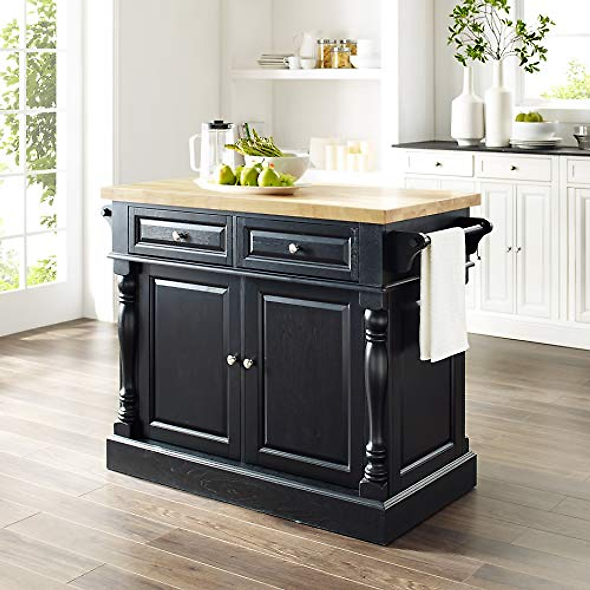 Crosley Furniture Oxford Natural Wood Top Kitchen Island, Black