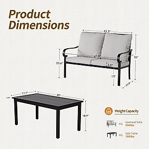 MEOOEM Patio Sofa Conversation Furniture Outdoor Loveseat with Table, Metal Frame with Gray Cushions for Porch Balcony Deck